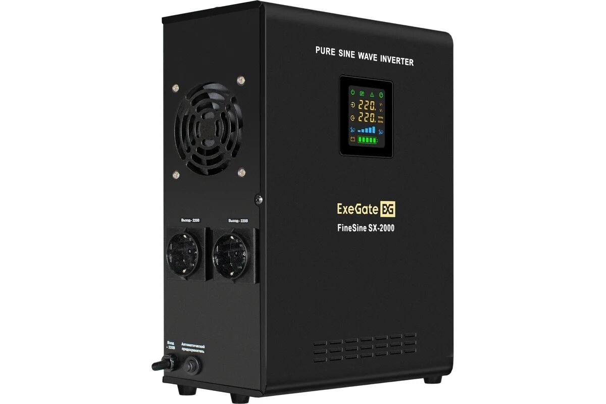 ExeGate ИБП инвертор синус для котла настенный FineSine SX-2000 LCD AVR 2SH 2000VA/1400W чистая синусоида цветной LCD-дисплей AVR 2 Schuko линейно-интерактивный внешняя батарея 24В до 200Ач настенный Black 296001