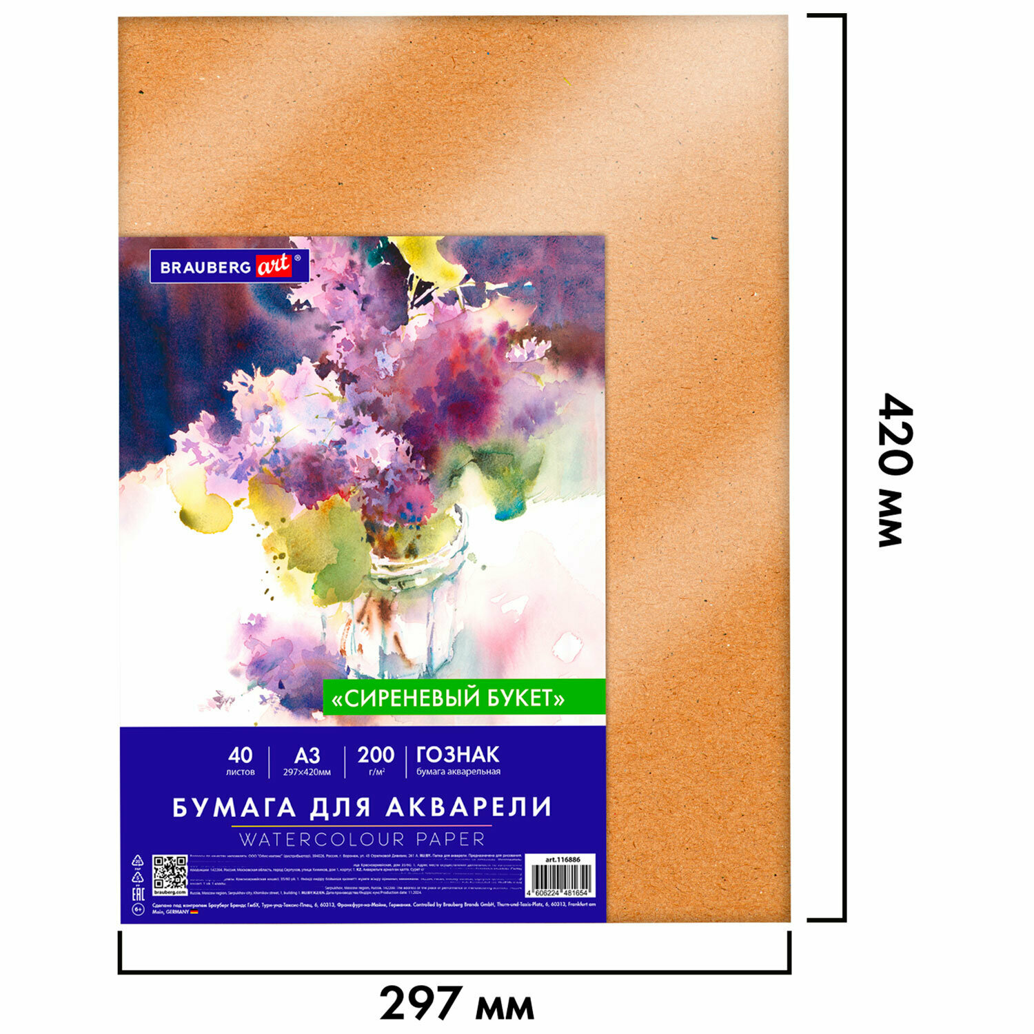 Бумага для акварели А3 40 л, 200 г/м2 гознак СПб, в коробке, BRAUBERG ART CLASSIC, "сиреневый букет", 116886
