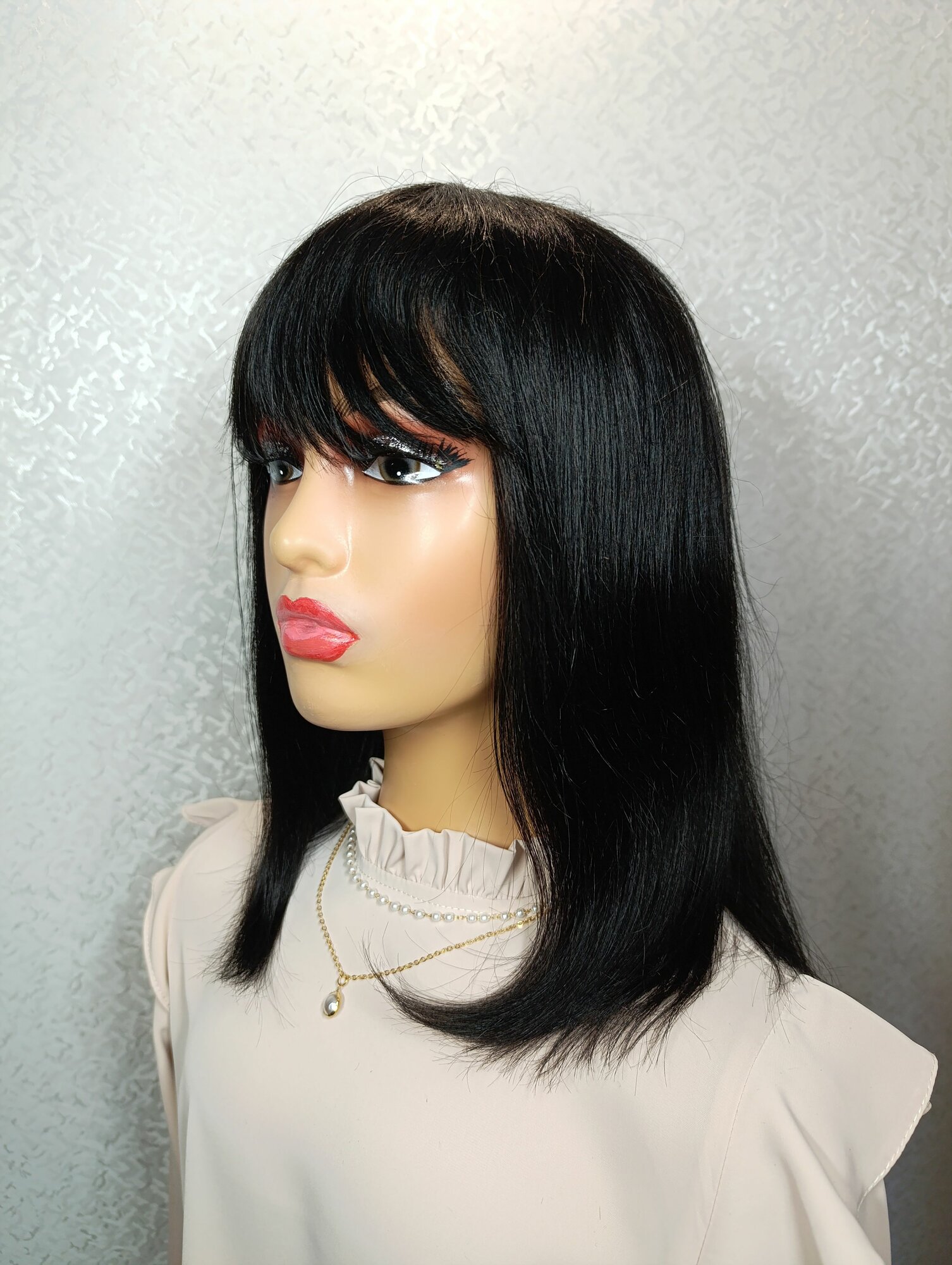 Парик из натуральных волос, черный сапфир, длина 35 см