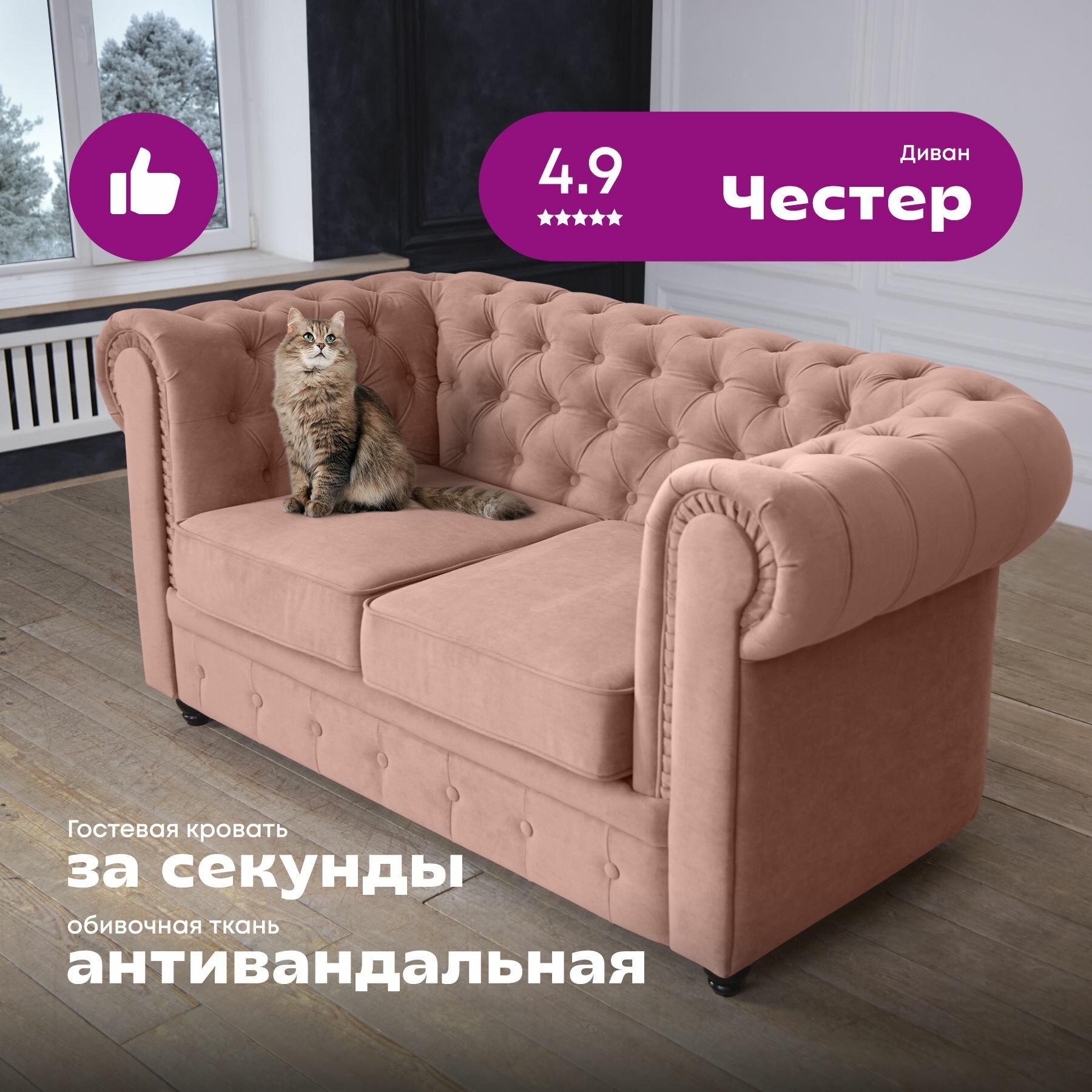 Прямой диван в гостиную "Честер" с раскладушкой (розовый Teddy 026)