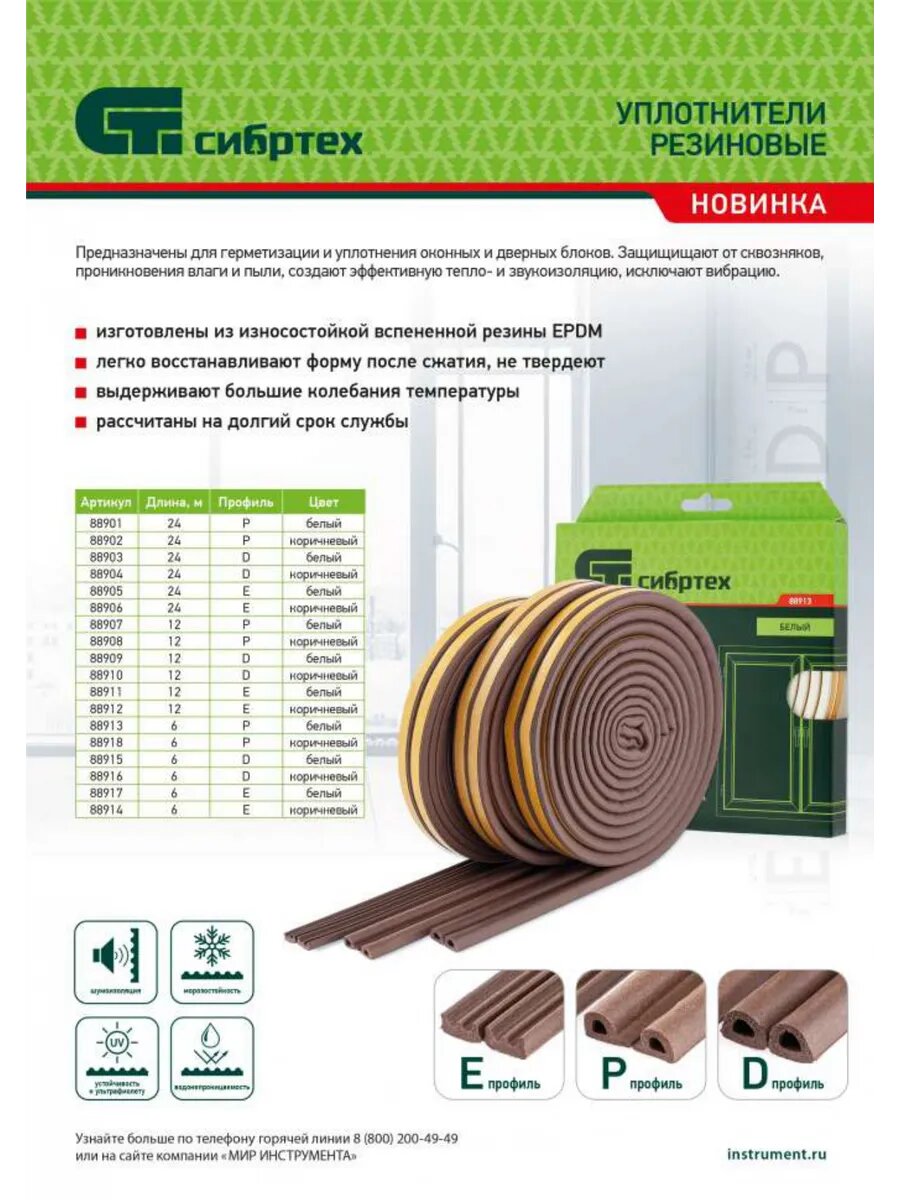 Уплотнитель резиновый, 12 м, профиль D, кор, СИБРТЕХ, 88910