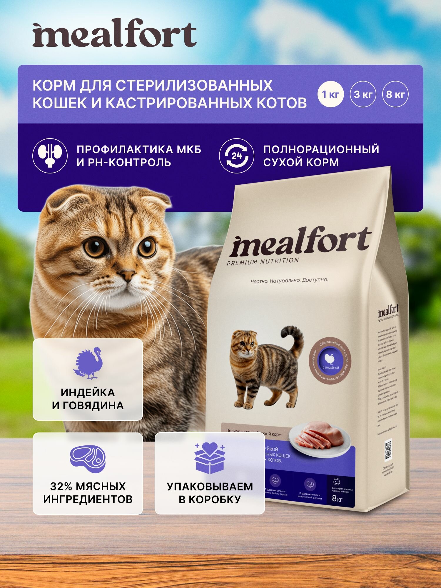 Mealfort корм сухой с индейкой для стерилизованных кошек и кастрированных котов 1кг