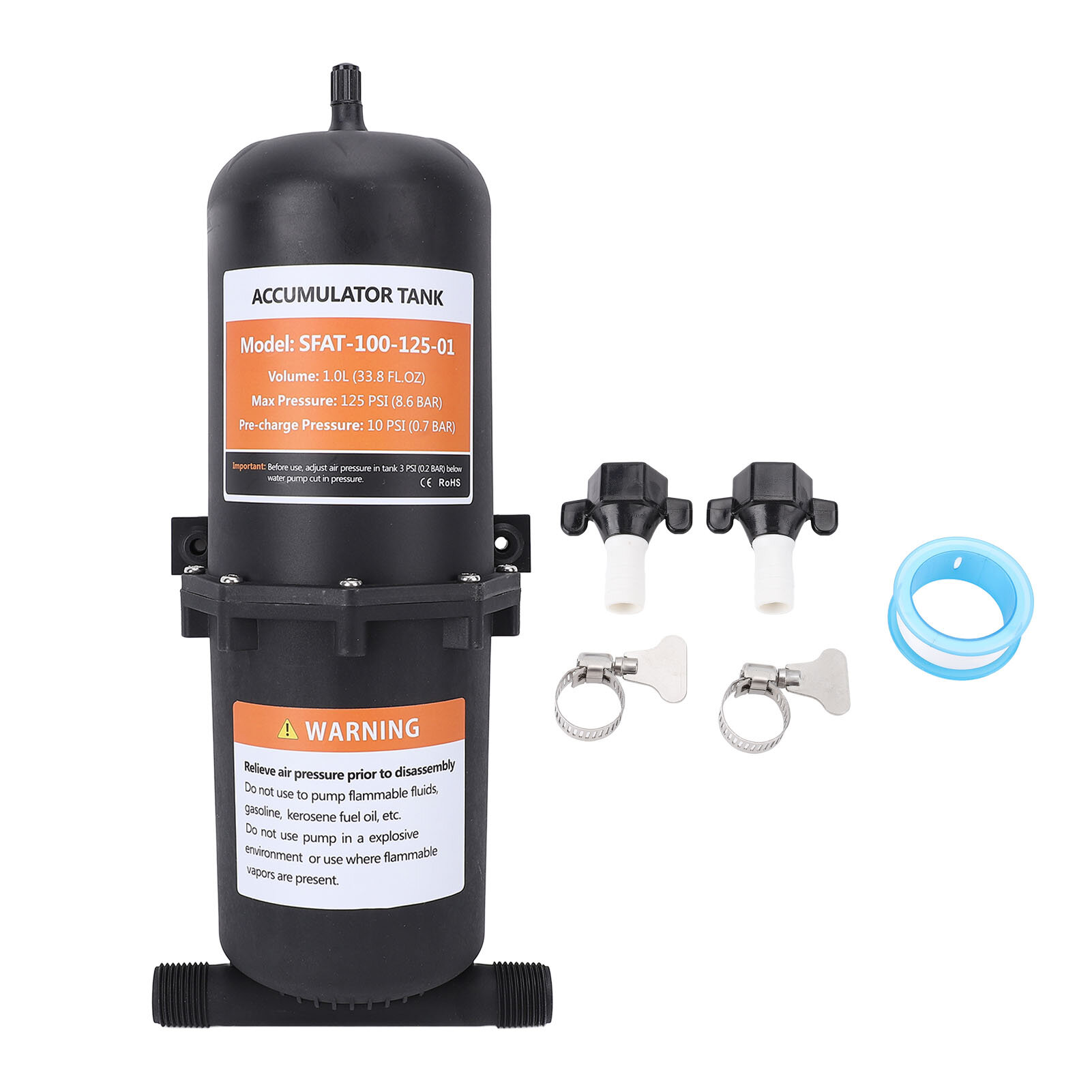 Аккумуляторный Бак с Предварительным давлением 1Л 125 Фунтов на Квадратный дюйм 1/2 дюйма Аккумуляторный Бак MNPT RV с 2 Зажимами из птфэ-ленты