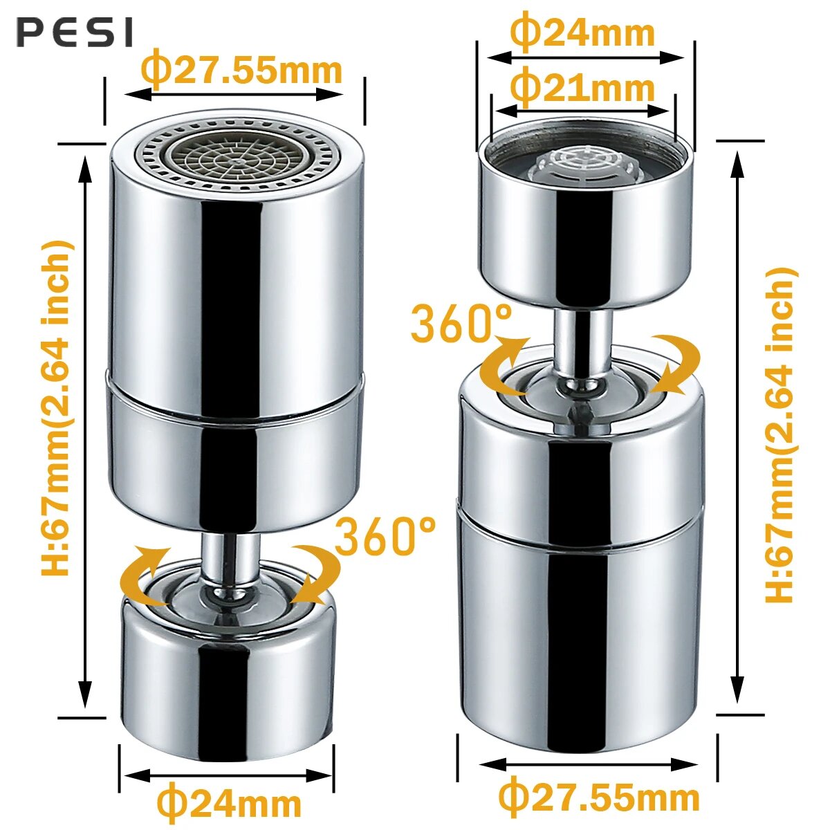 Кухонная мойка, латунный водосберегающий поворотный кран с большим углом, 2 функции, аэратор, сменный фильтр, смешанная насадка 24 мм.