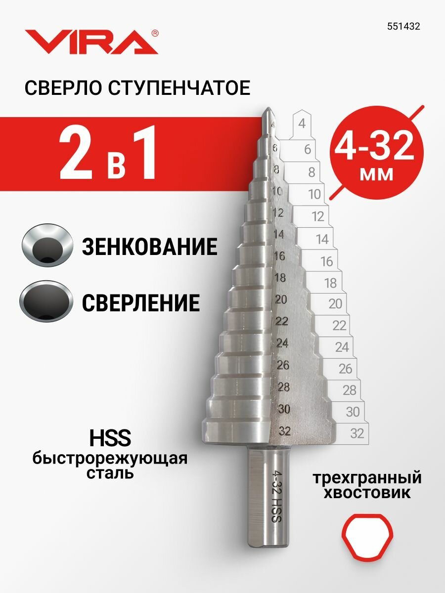 Сверло ступенчатое по металлу с трехгранным хвостовиком 4-32 мм VIRA для металла сверление расширение отверстий