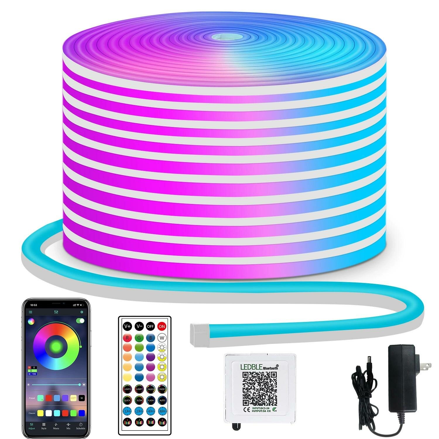 RGB Neon LED Strip, 15 метров - 900 светодиодов, Neon LED String Lights для помещений и улицы, Управление через приложение/пульт, Водонепроницаемый IP65, Многоцветный, Вес 1150г, Размеры упаковки 45.2*32*27.8см
