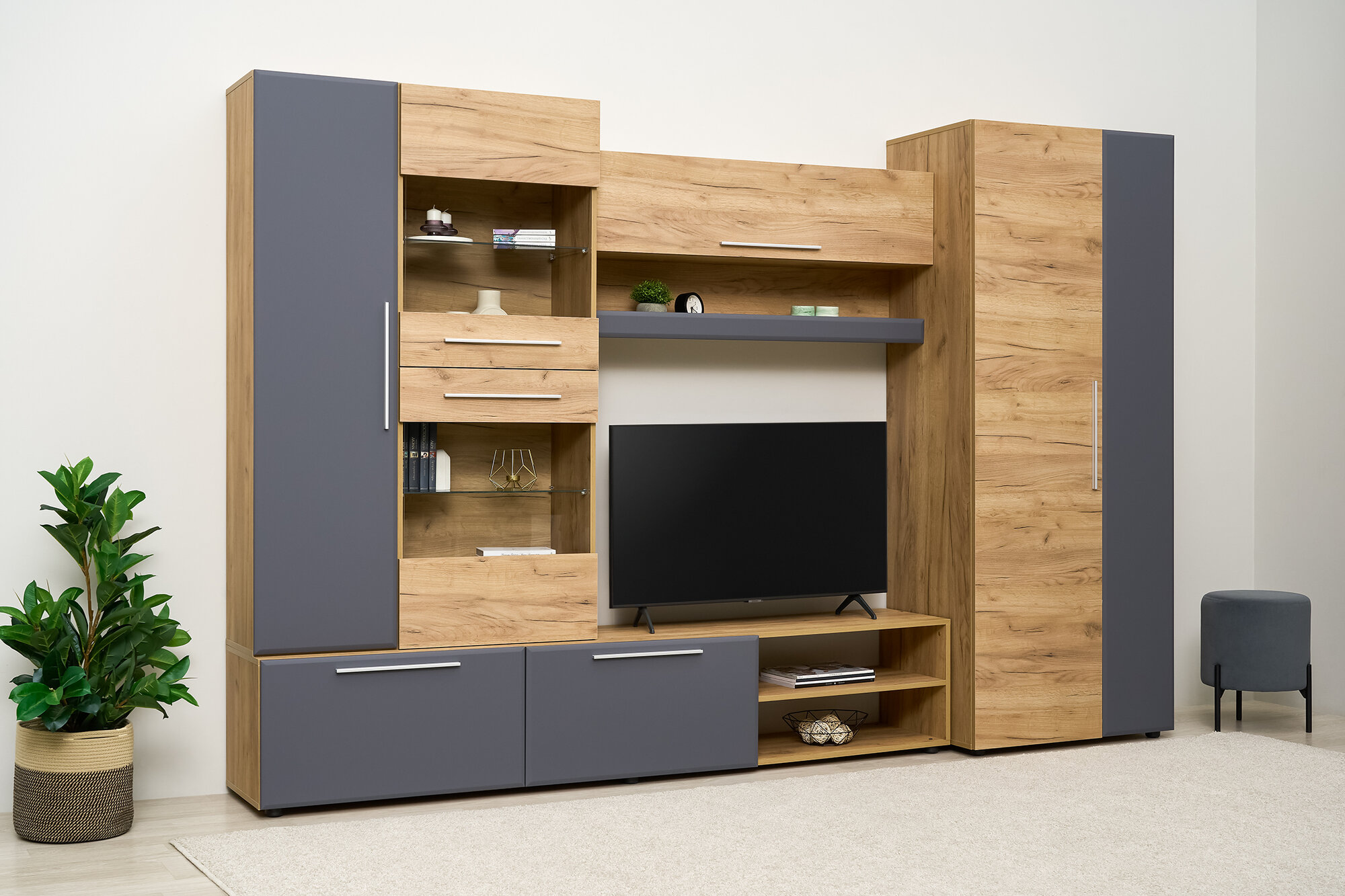 Стенка в гостиную со шкафом Нонтон Сафари, 300x51x200 см, дуб крафт золотой / матовый графит