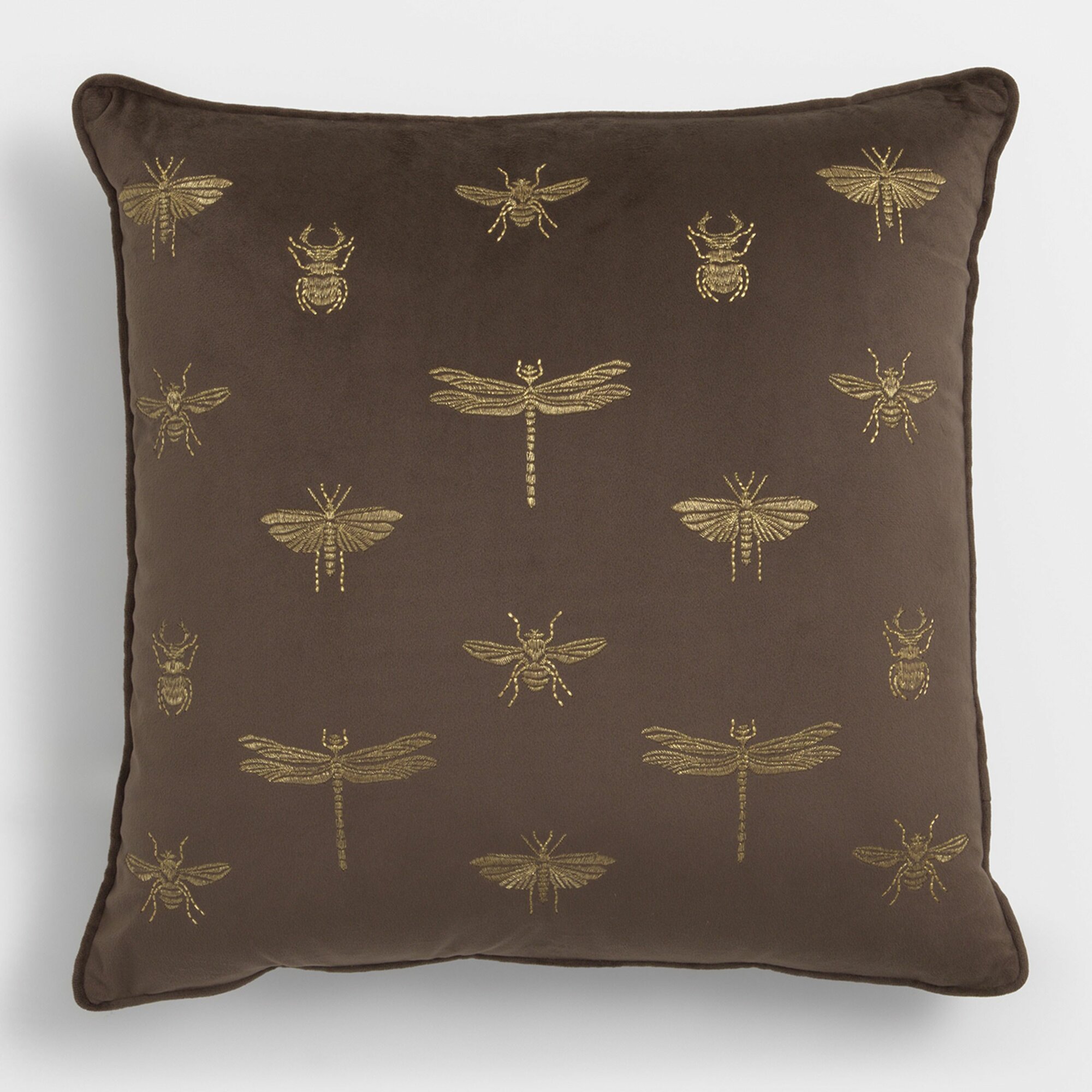 Подушка декоративная, 45х45 см, вельвет, коричневая, Жуки, Bugs