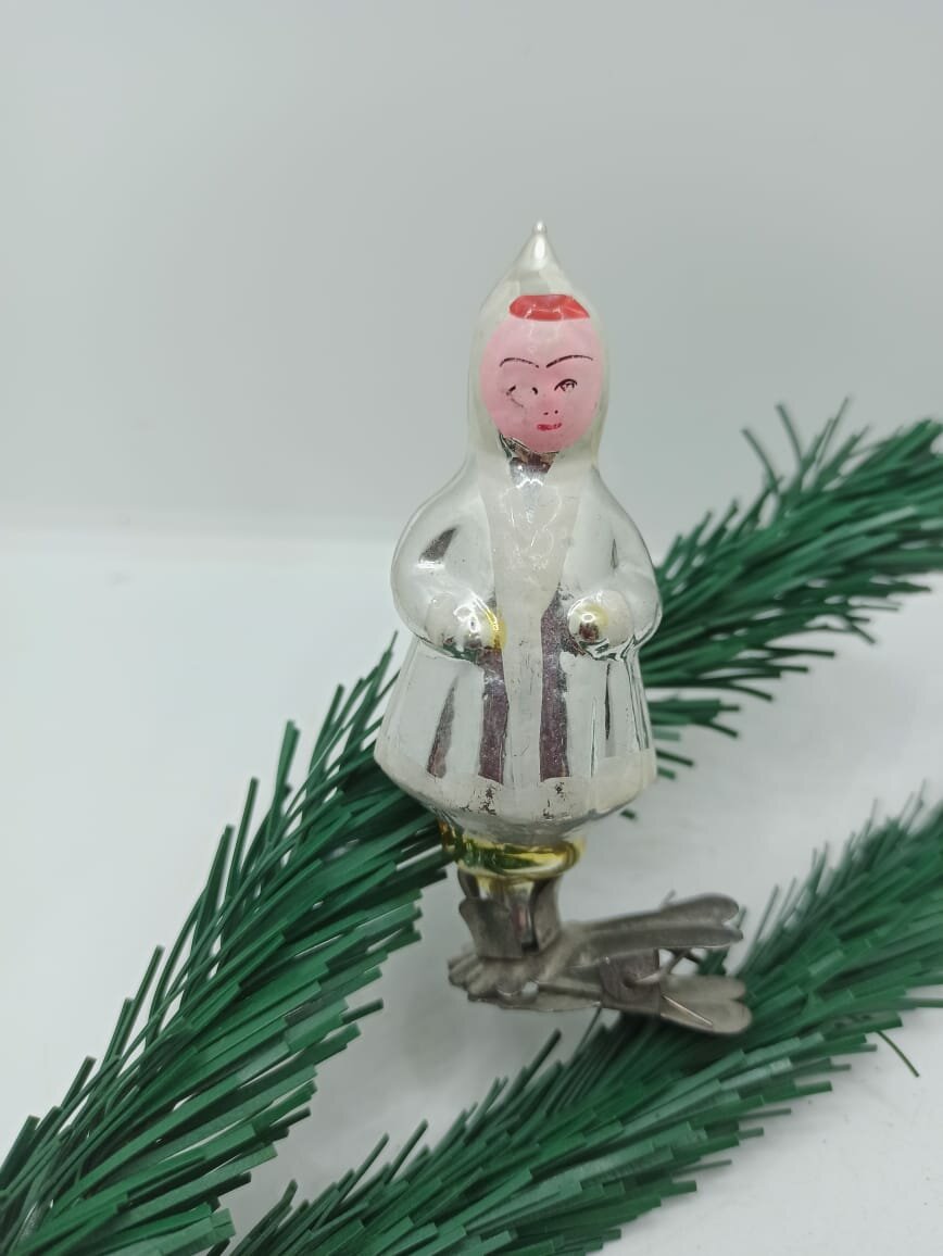 Елочная игрушка на прищепке Девочка винтажная, стекло, СССР