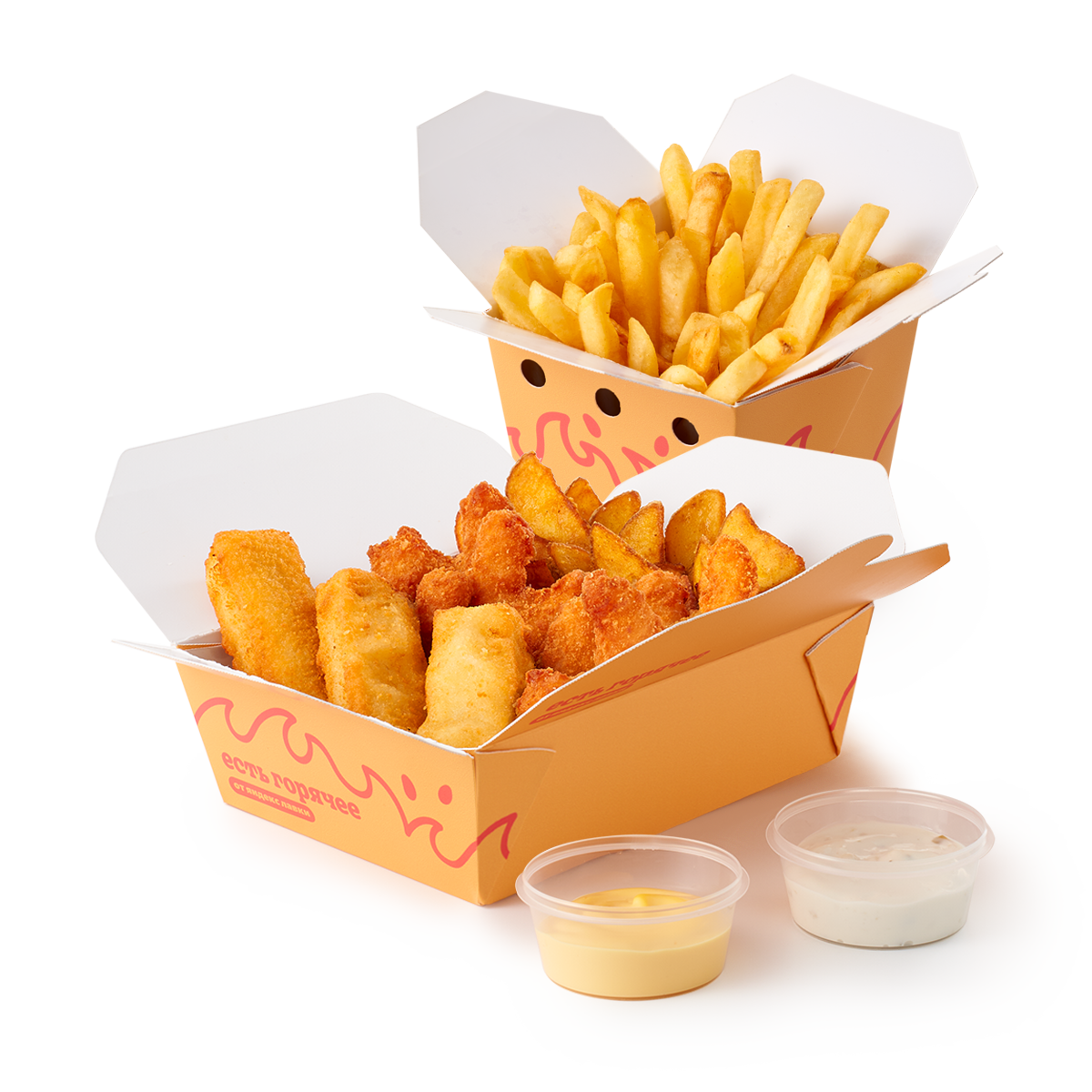 Сет Рыбный "Есть Горячее", креветки, рыбные палочки, картофель фри и по-деревенски