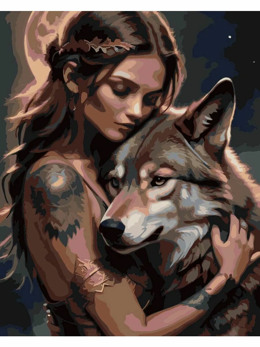 Картина по номерам Девушка с волком на деревянном подрамнике 40х50 см, кисти, краски, лак