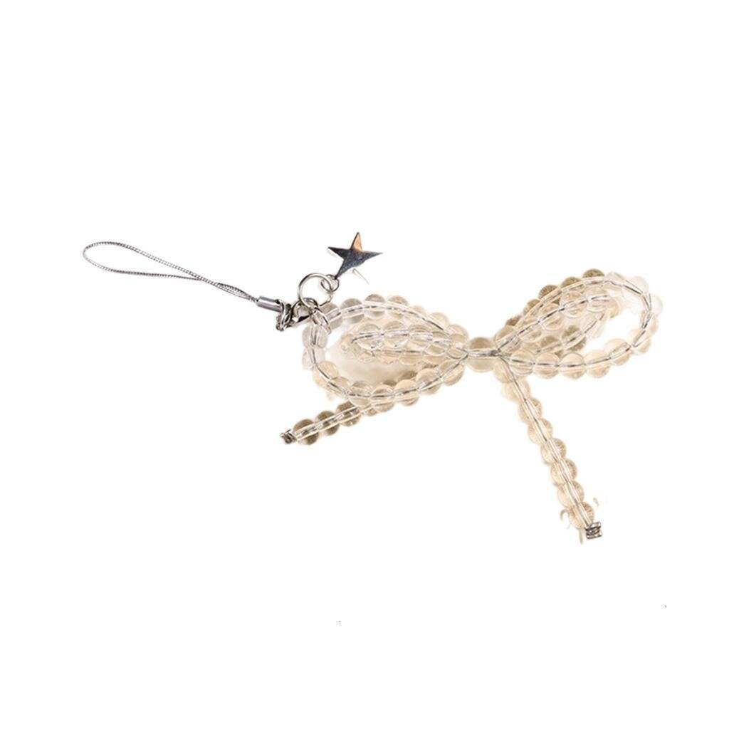 Брелок, Брелок для мобильного телефона на цепочке из жемчужной нити с бантом-прозрачный