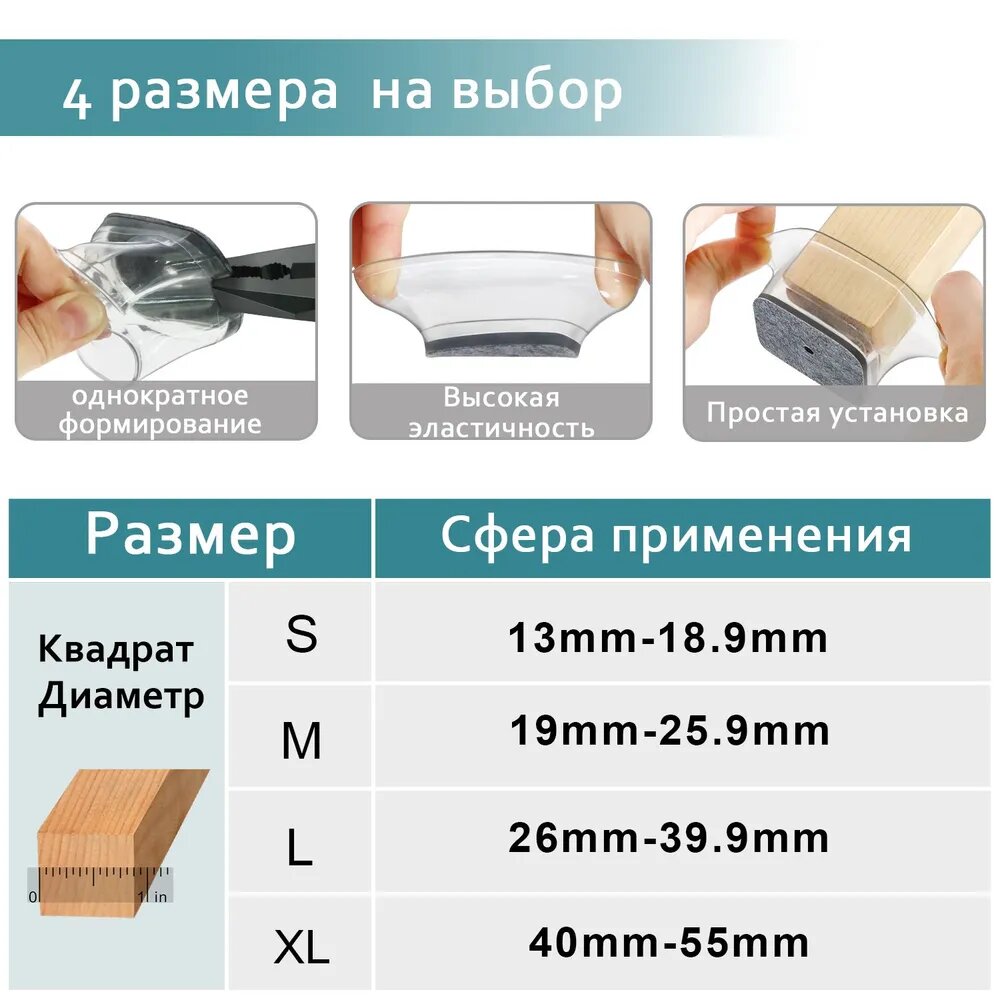 Протектор для мебели для ножек стула 8 шт. силиконовые, диаметр 13-18.9 мм, прозрачные — фото 1