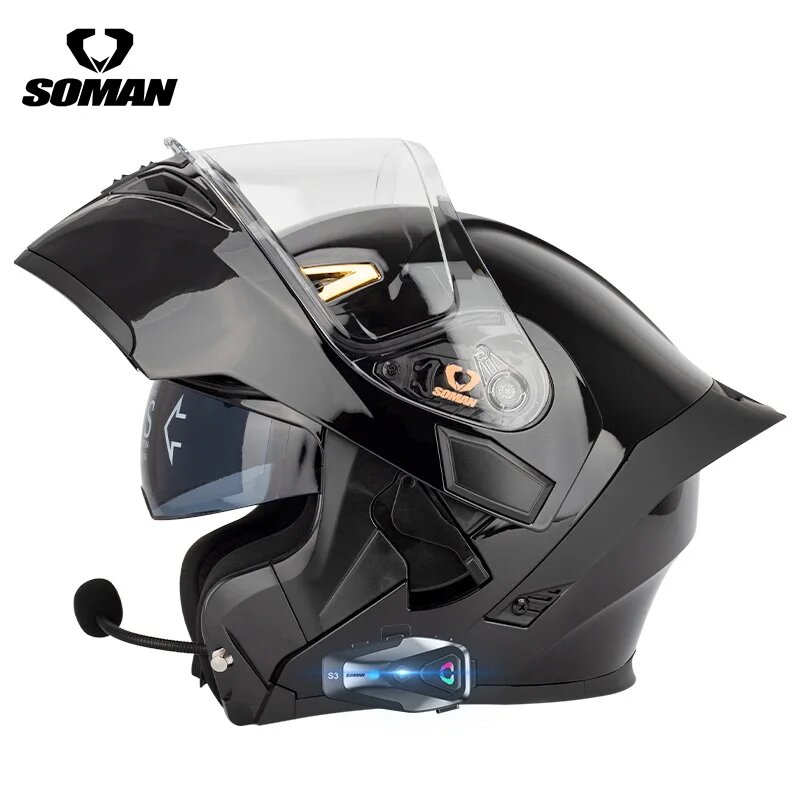 Модульный шлем SOMAN, откидной анфас, мотоциклетные шлемы для мужчин и Черный, М, Helmet with S3
