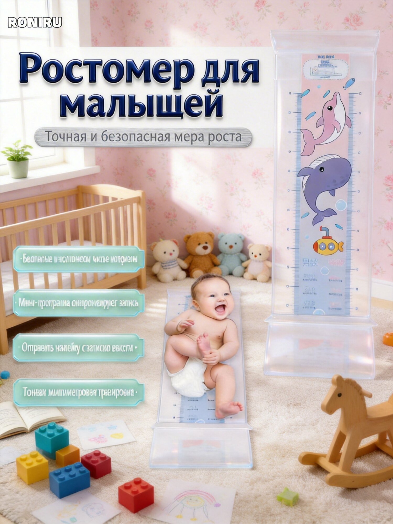Ростомер спорт 23 х 100 см, для новорожденных и детей 0-3 лет с точной шкалой из ABS PVC, компактный для хранения