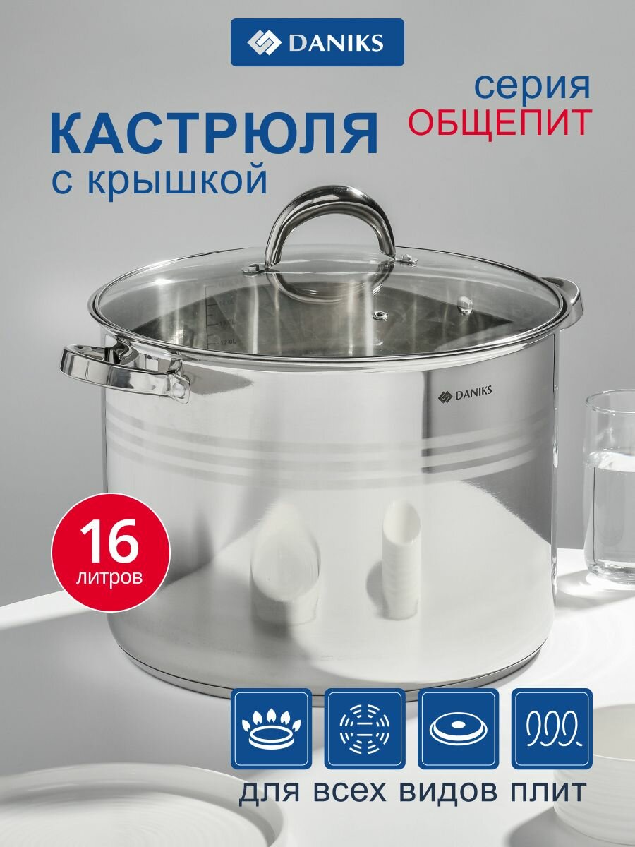 Кастрюля Daniks 16 л с крышкой, нержавеющая сталь, стеклянная крышка Общепит