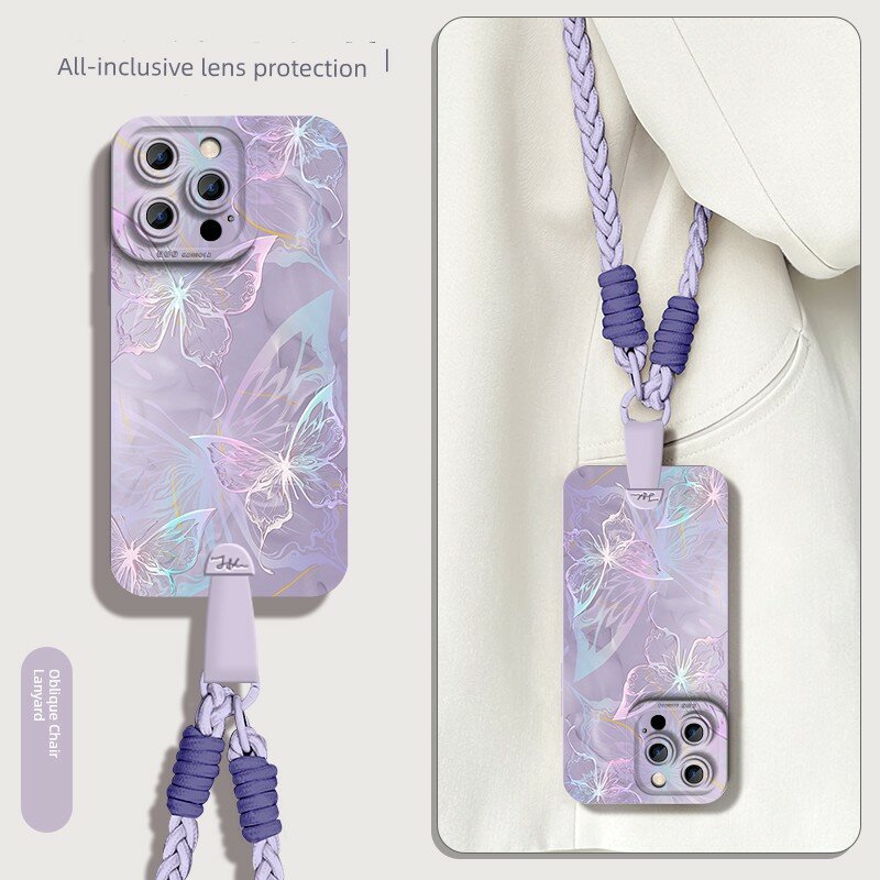 Силиконовый лайнер для iPhone 17 Pro Max с бабочкой, длинный ремешок, мятный фиолетовый цвет, модель 2024 года