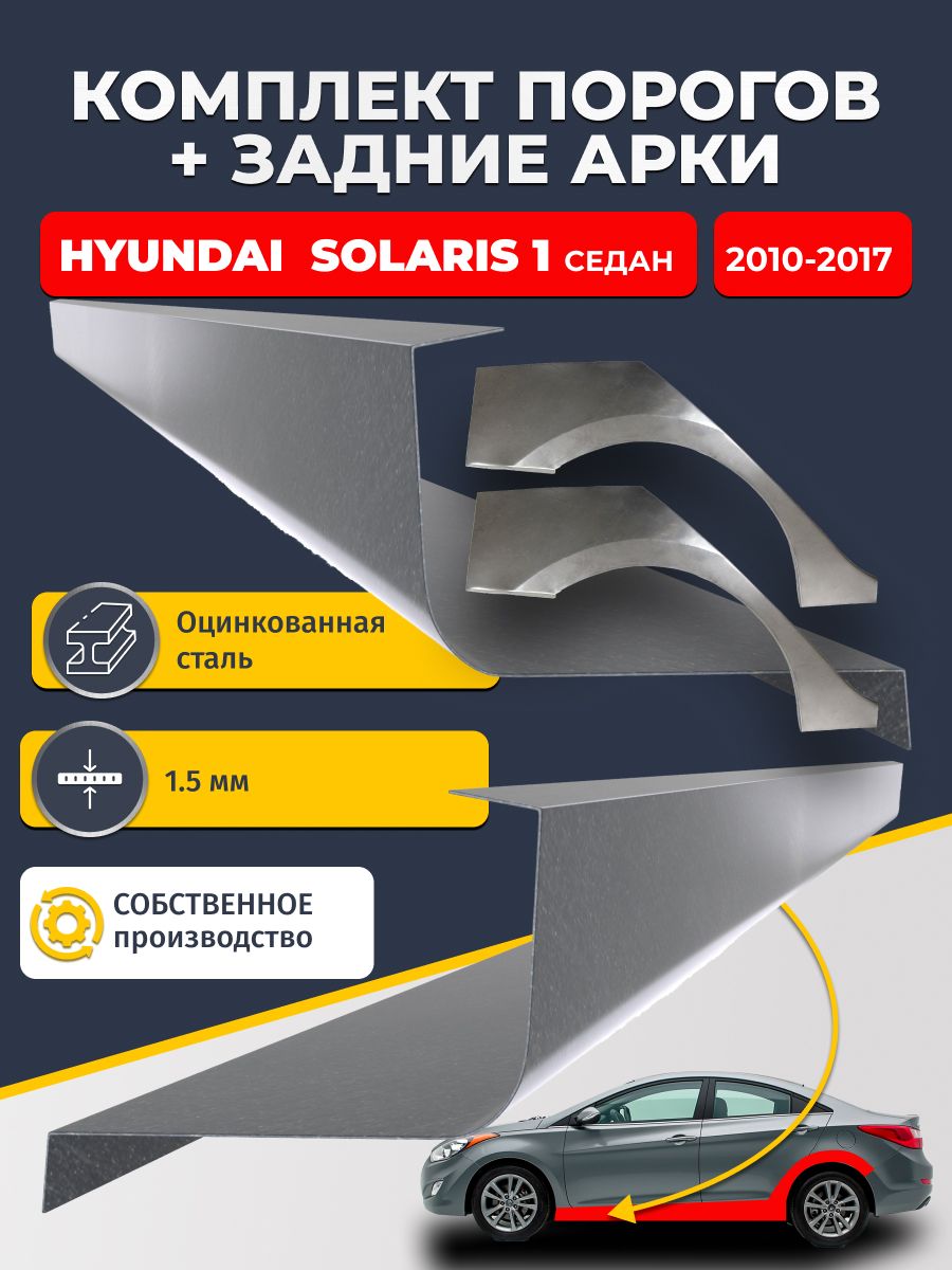 Комплект задних ремонтных арок 0.8 мм и комплект порогов 1.5 мм для Hyundai Solaris 1 2010-2017 седан (Хендай Солярис 1). Оцинкованная сталь. Кузовной ремонт.