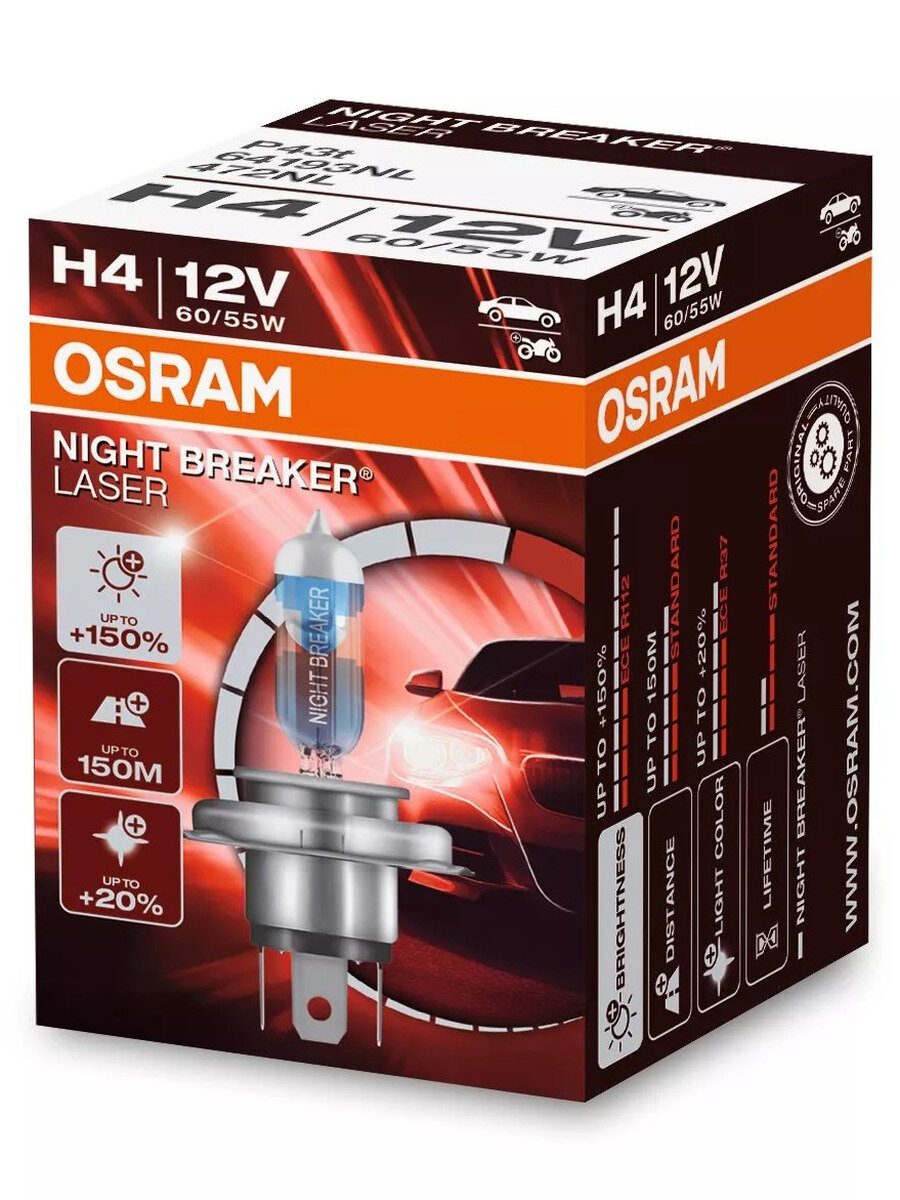 Лампа Osram Night Breaker Laser H4 12V 60/55W P43t 64193NL