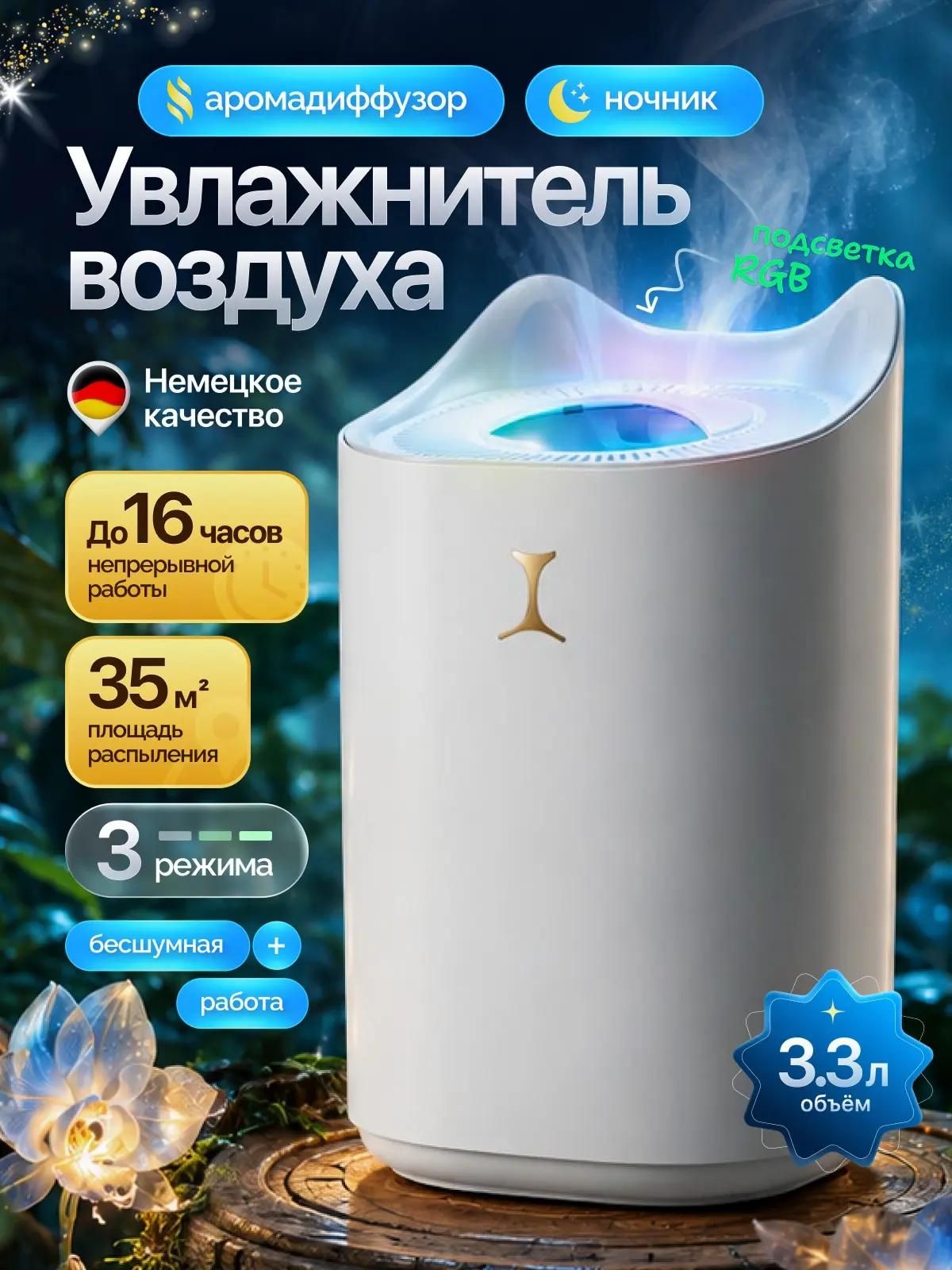Увлажнитель воздуха для дома / Очиститель воздуха настольный, ультразвуковой для детской и дома с RGB подсветкой и