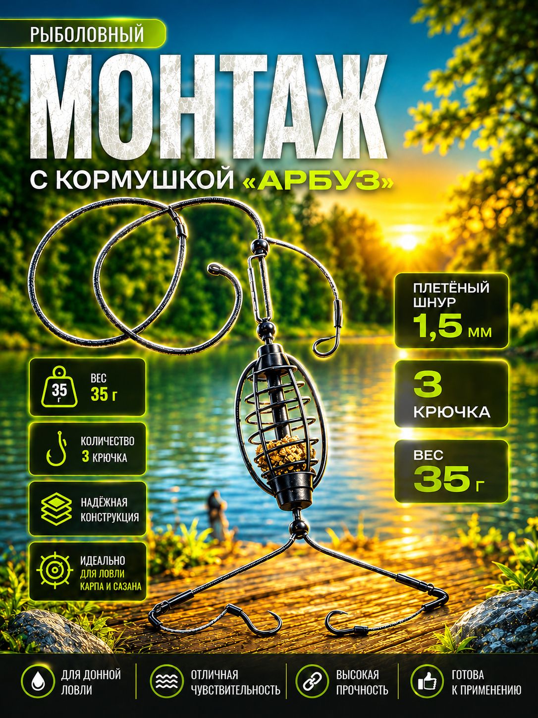 Фидерный монтаж с кормушкой арбуз / груз 35г, плетеный шнур 1,5мм, 3 крючка №6, 1 фидерная кормушка / Убийца карася, Супер карась ловля карася на фидер оснастка для донной ловли