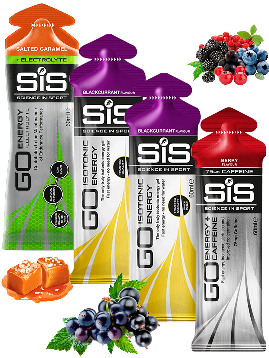 Гель питьевой SCIENCE IN SPORT (SiS) GO Energy MIX-31 4 x 60 мл, Соленая карамель, Ягоды, Черная смородина