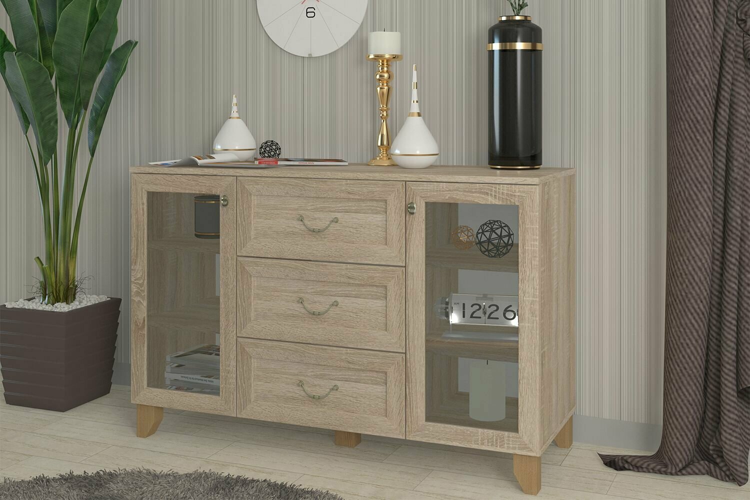 Комод Ренди 9МС 120х40х80 дуб сонома, рамка квадро МДФ, стекло, ножка №3