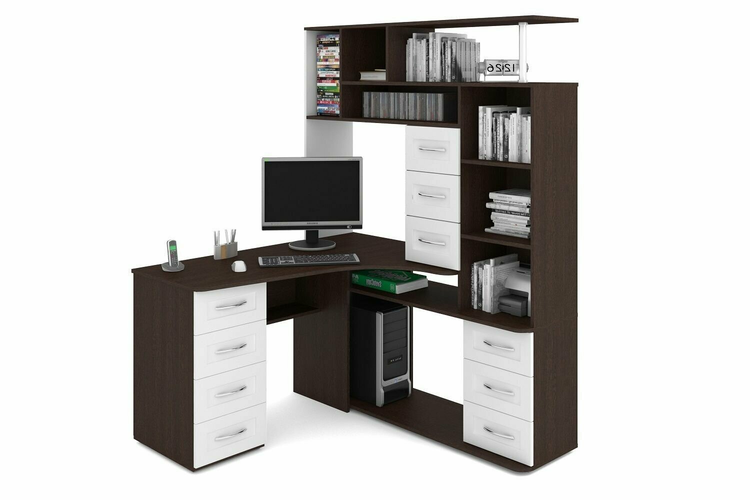 Стол компьютерный СКУ-5 МДФ корпус венге цаво, фасад белый, надстройка справа, рамка квадро