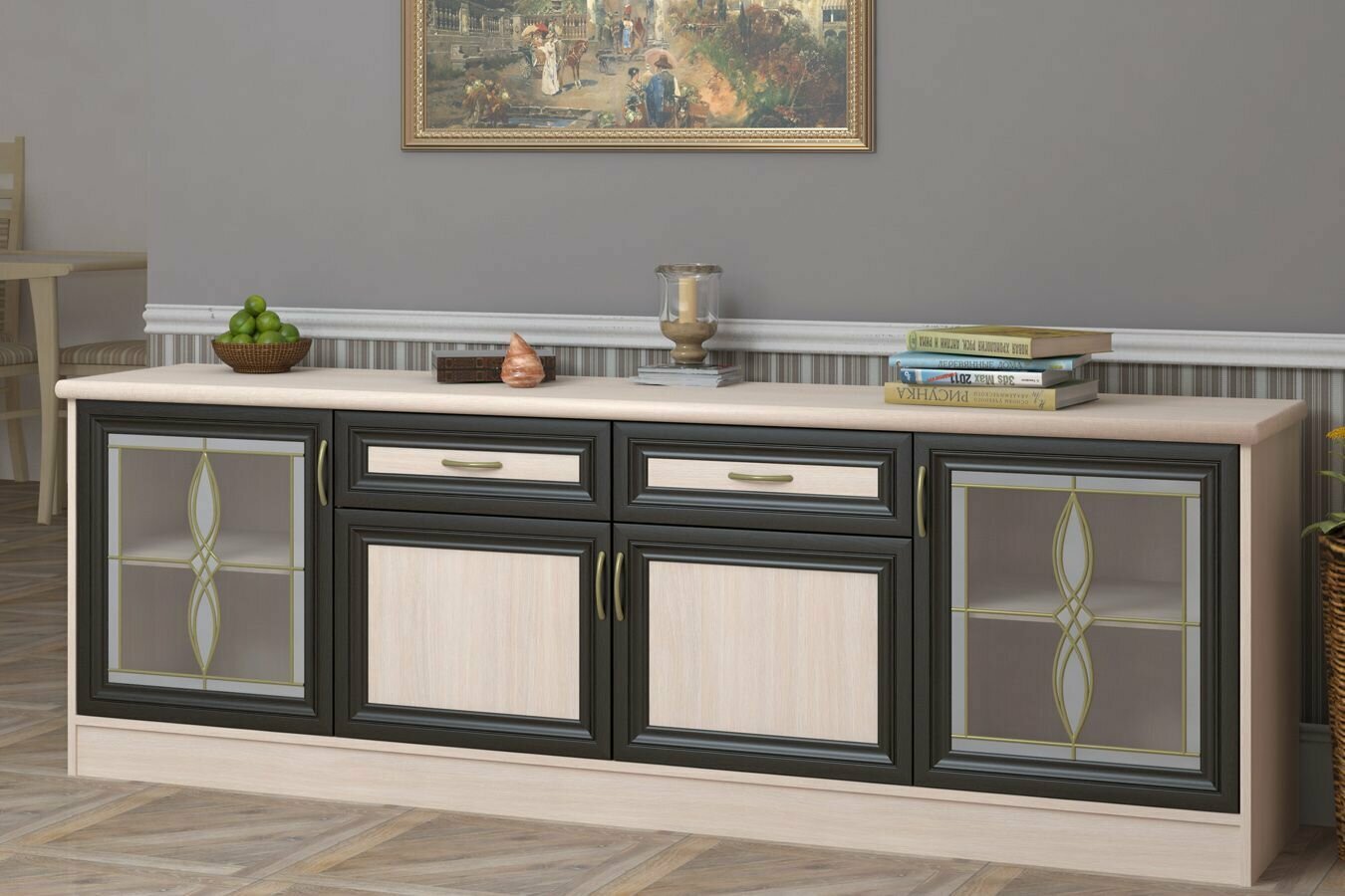 Комод Ричард 2.4 со стеклом 210х42х70 дуб млечный, рамка резная в цвете венге цаво, витраж №3