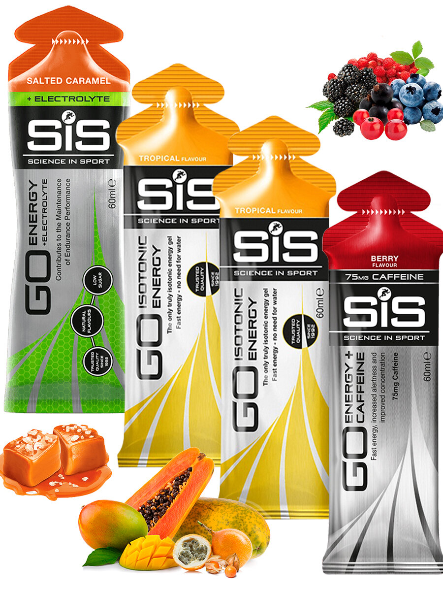 Гель питьевой SCIENCE IN SPORT (SiS) GO Energy MIX-31 4 x 60 мл, Соленая карамель, Ягоды, Тропик