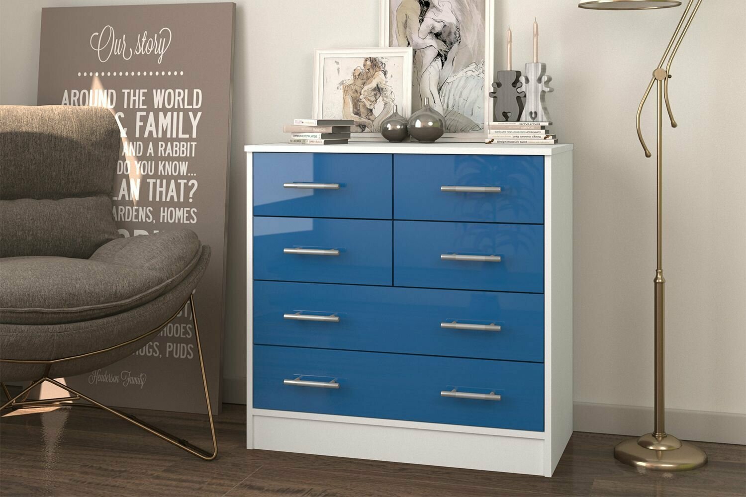 Комод Ричард 4.4 80х42х80 МДФ глянец Сапфир A-008, корпус белый гладкий, 6 ящиков