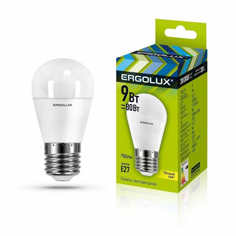 Ergolux LED-G45-9W-E27-3K (Эл. лампа светодиодная Шар 9Вт E27 3000K 220-240В), цена за 1 шт.