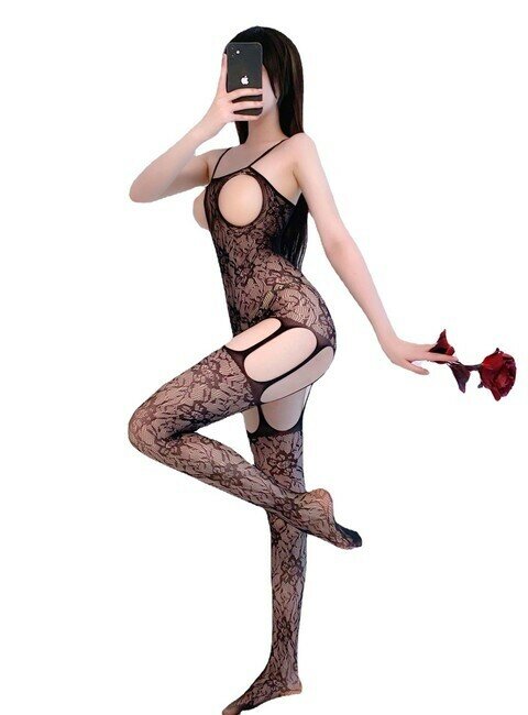 Кружевное боди с вырезами, черное, One Size (40-44), для женщин