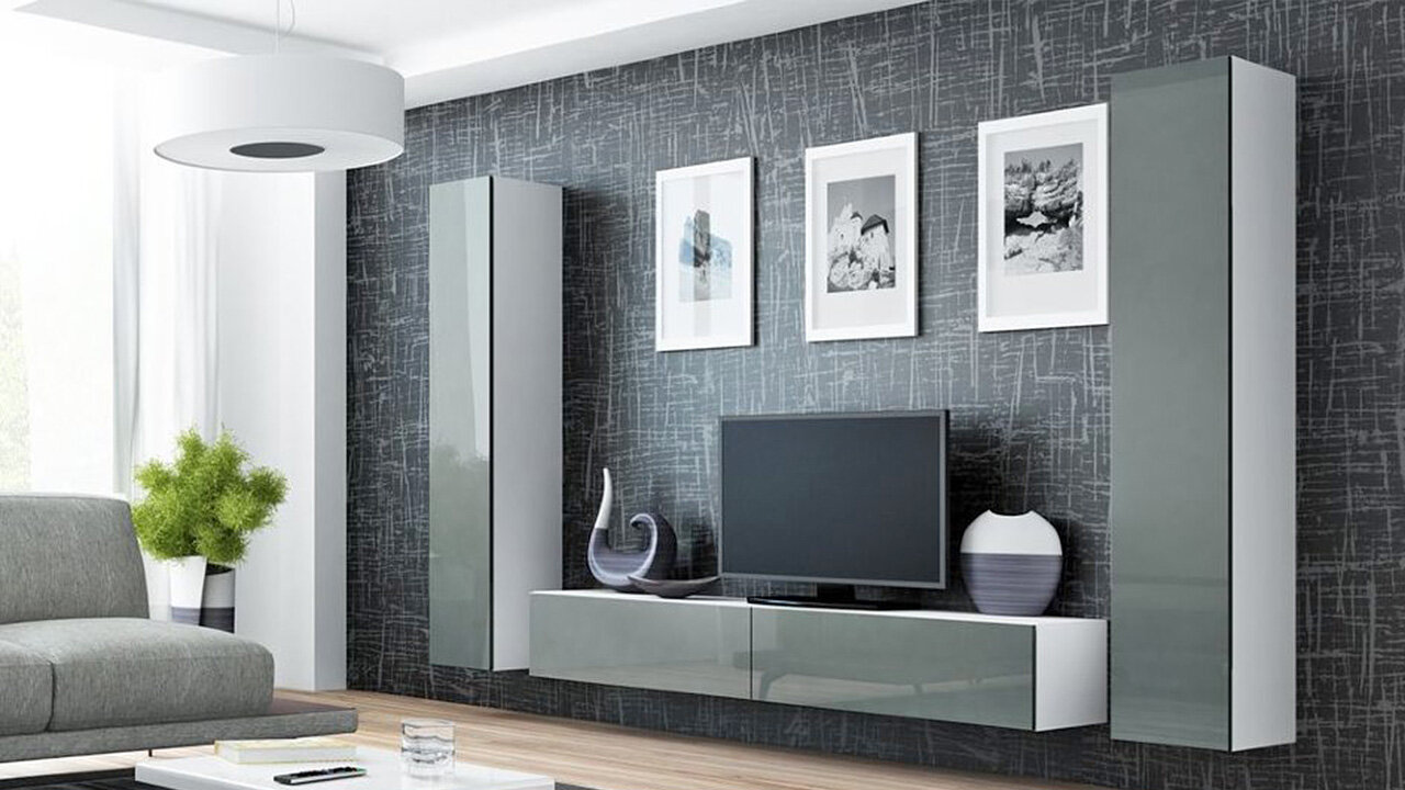 Гостиная Виго-4 корпус ЛДСП белый, фасад МДФ серый глянец