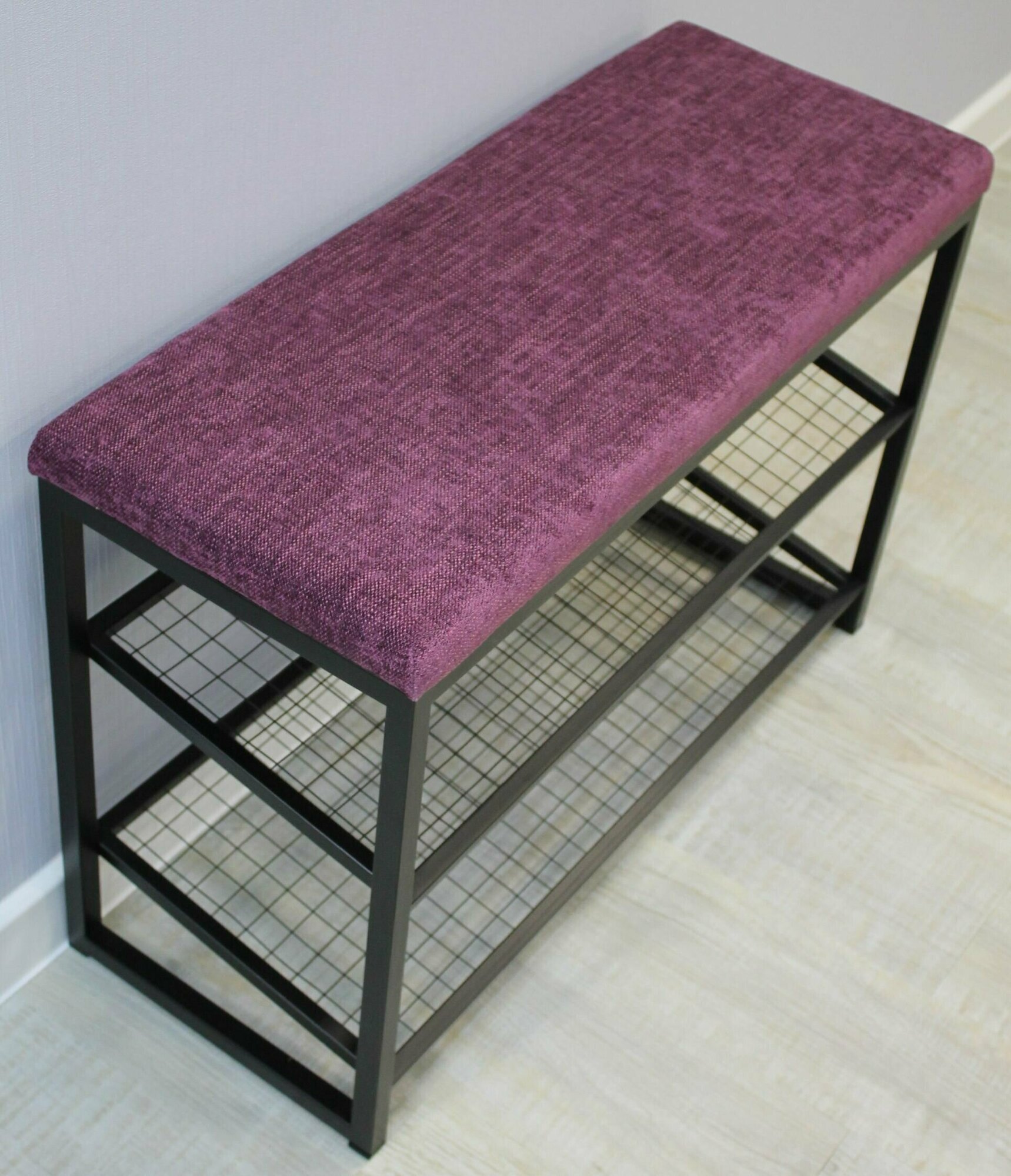 Обувница с мягким сиденьем "Энни" / 100х30х52см / черный каркас - бордовый шенилл