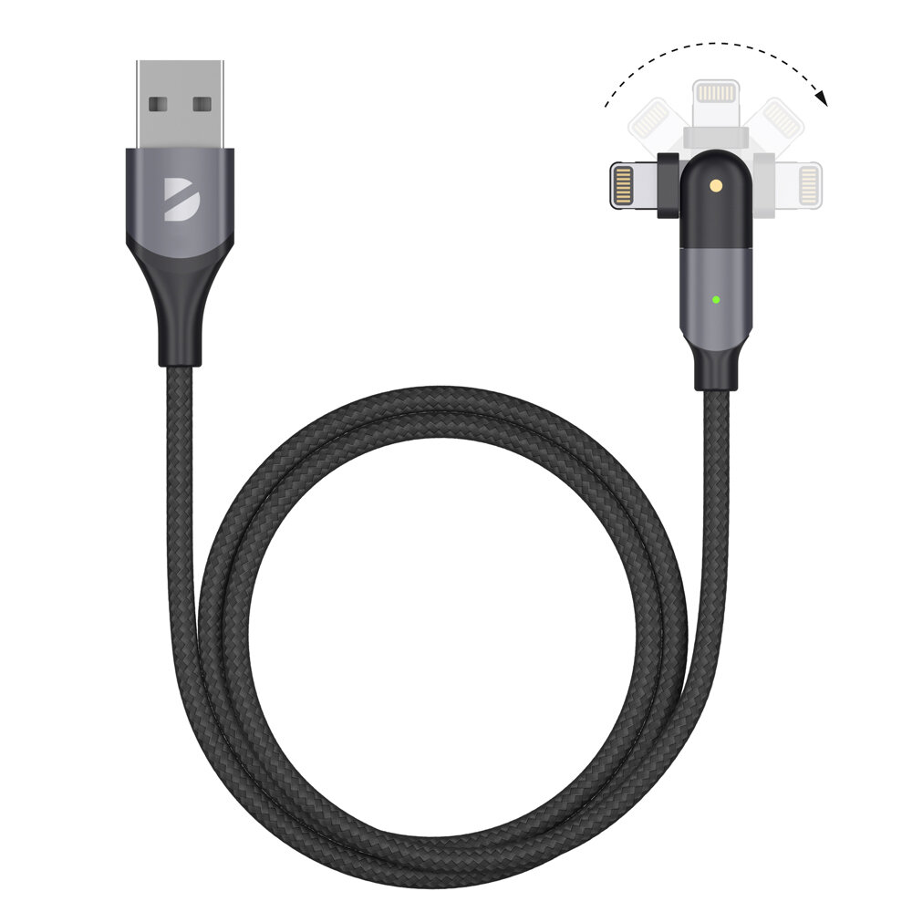 Кабель для телефона USB-A - Lightning, поворотный, USB 2.0, 2,4A, 1.2м, черный, Deppa 72326-OZ/ Без заводской упаковки