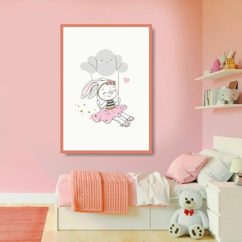 Постер для интерьера на стену Зайка на Качелях для детской Вертикальный 50х70 см в тубусе ПолиЦентр