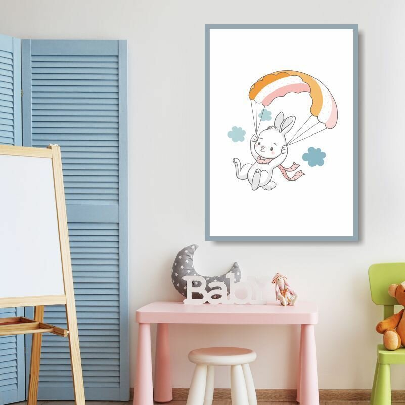 Постер для интерьера на стену Зайка с Парашютом для детской Вертикальный 40х50 см в тубусе ПолиЦентр
