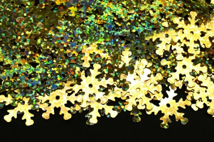 Пайетки Снежинки 19х17х0,1мм, цвет золото/голограмма, 1022-024, 10 грамм