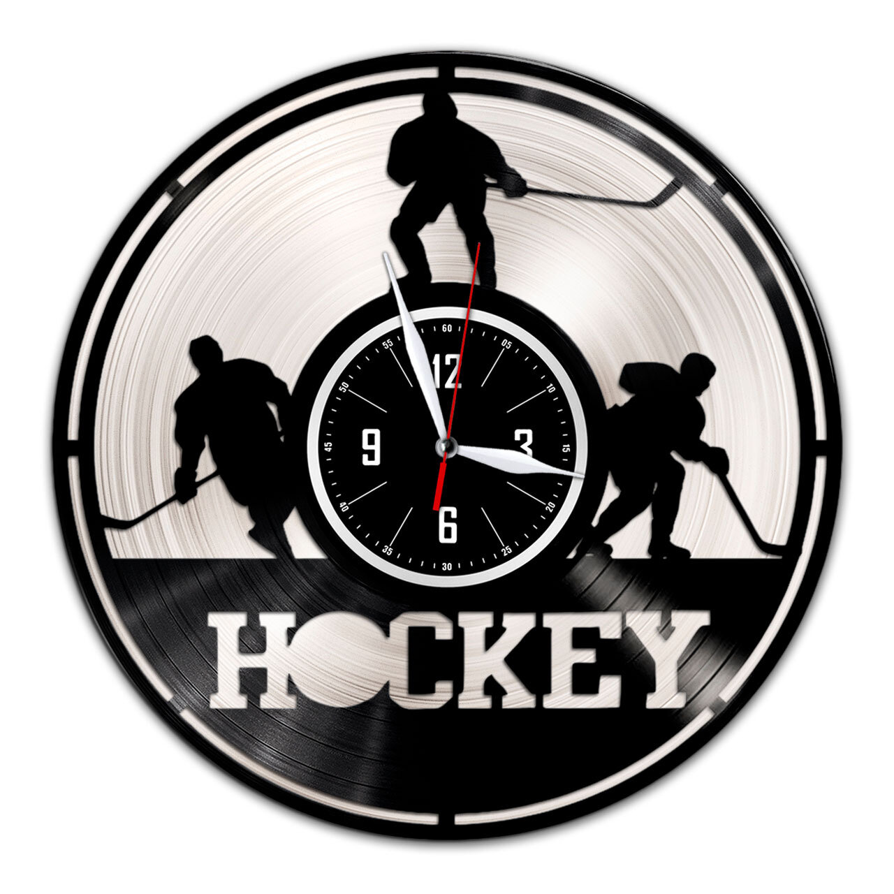 Хоккей - настенные часы из виниловой пластинки (с серебряной подложкой)