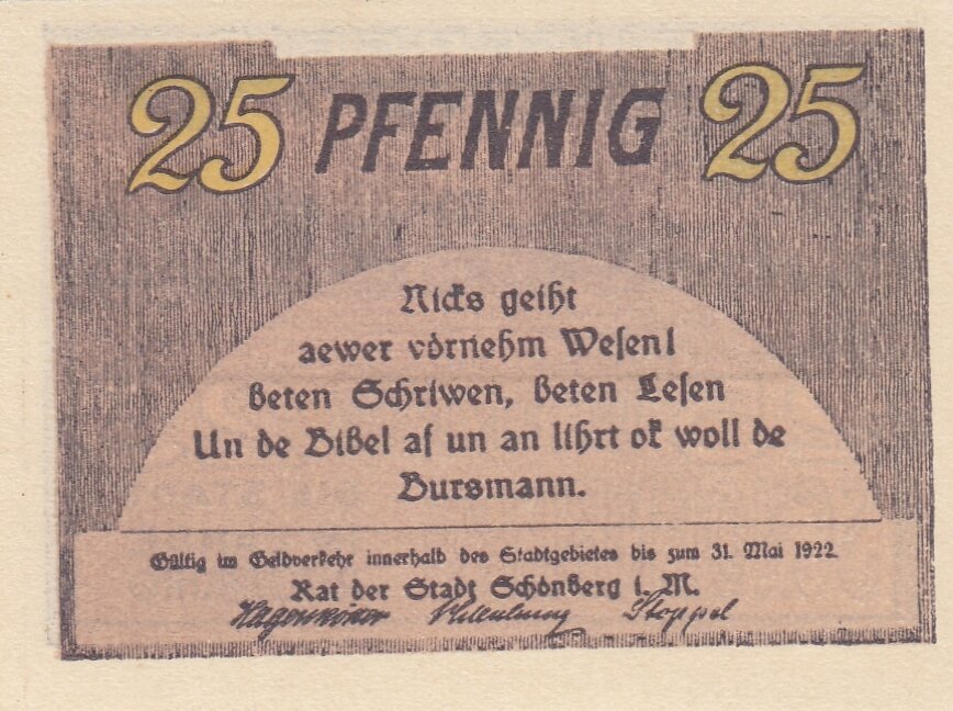 Германия (Веймарская Республика) Шёнберг 25 пфеннигов 1922 г. (3)