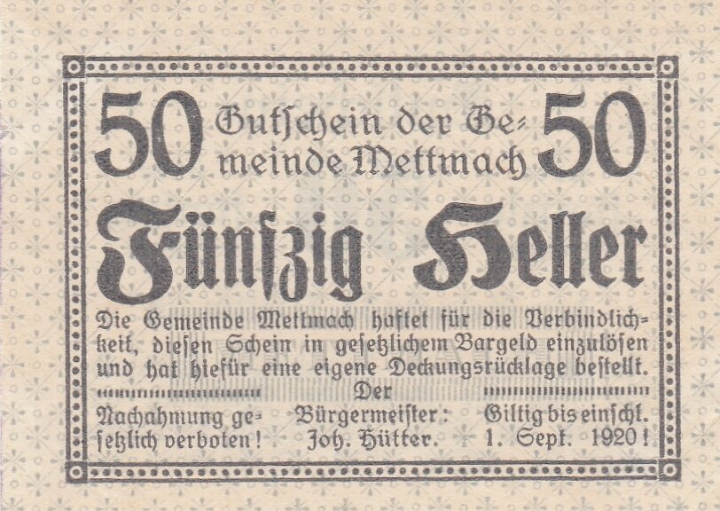 Австрия Меттмах 50 геллеров 1920 г. (Вид 3)