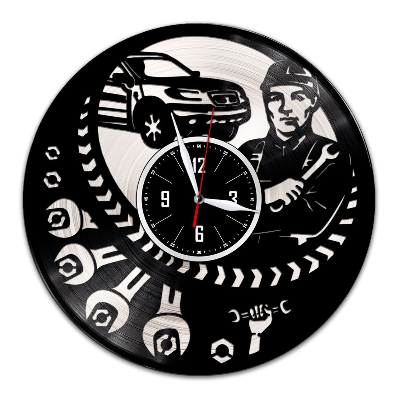 Автосервис - настенные часы из виниловой пластинки (с серебряной подложкой)