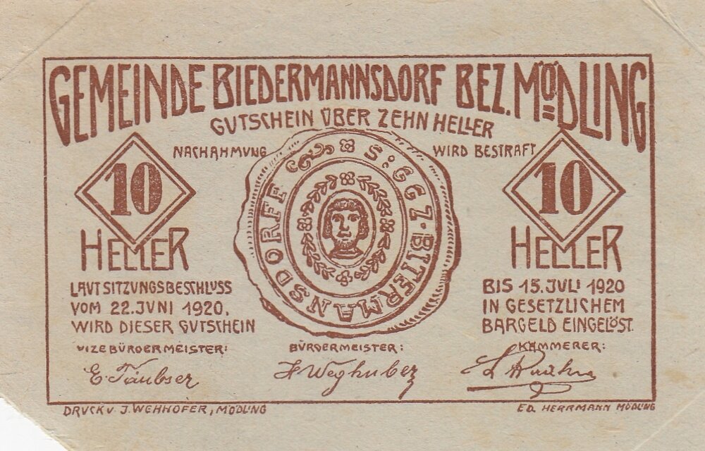 Австрия, Бидерманнсдорф 10 геллеров 1920 г.
