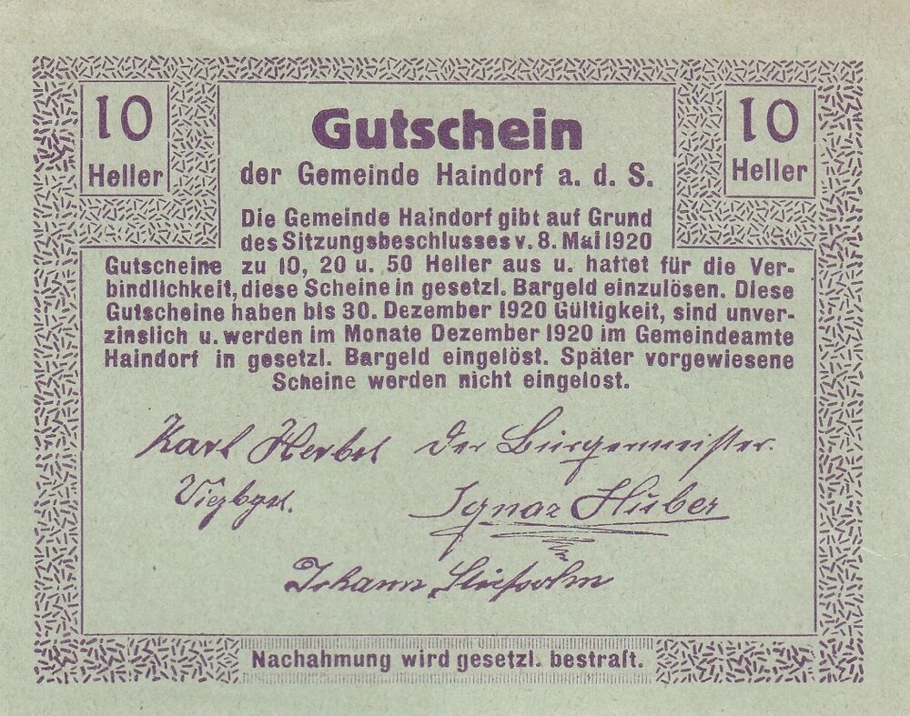 Австрия, Хайндорф-ан-дер-Зирнинг 10 геллеров 1914-1920 гг.