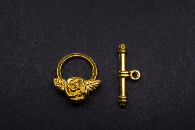 Замок тогл Роза с листьями 19х16х6мм/23х7х3мм, отверстие 2 и 1,5мм, цвет золото, сплав металлов, 12-014, 1 комплект