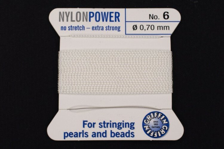 Нить для жемчуга и бисера Griffin с иглой, диаметр 0,7мм, длина 2м, цвет белый, 1030-196, 1шт
