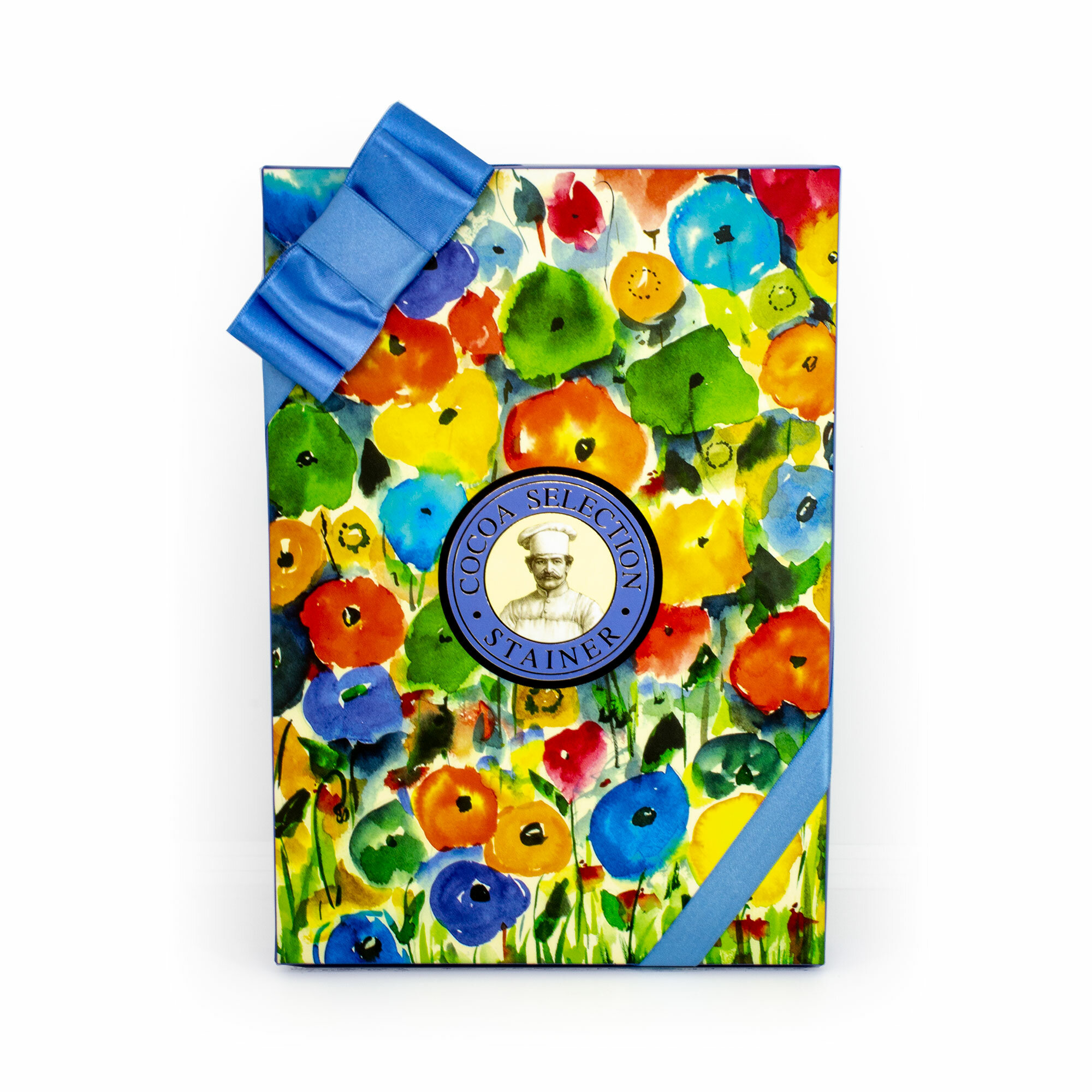 Пралине 4123 ассорти COCOA SELECTION, 12 видов начинки (кофе, ром, грецкий орех, сабайон, лимон, миндаль, фисташки, мандарин, джандуйя, сливки, малина, горький какао), STAINER, 0,15 кг (коробка с цветами и голубой лентой)