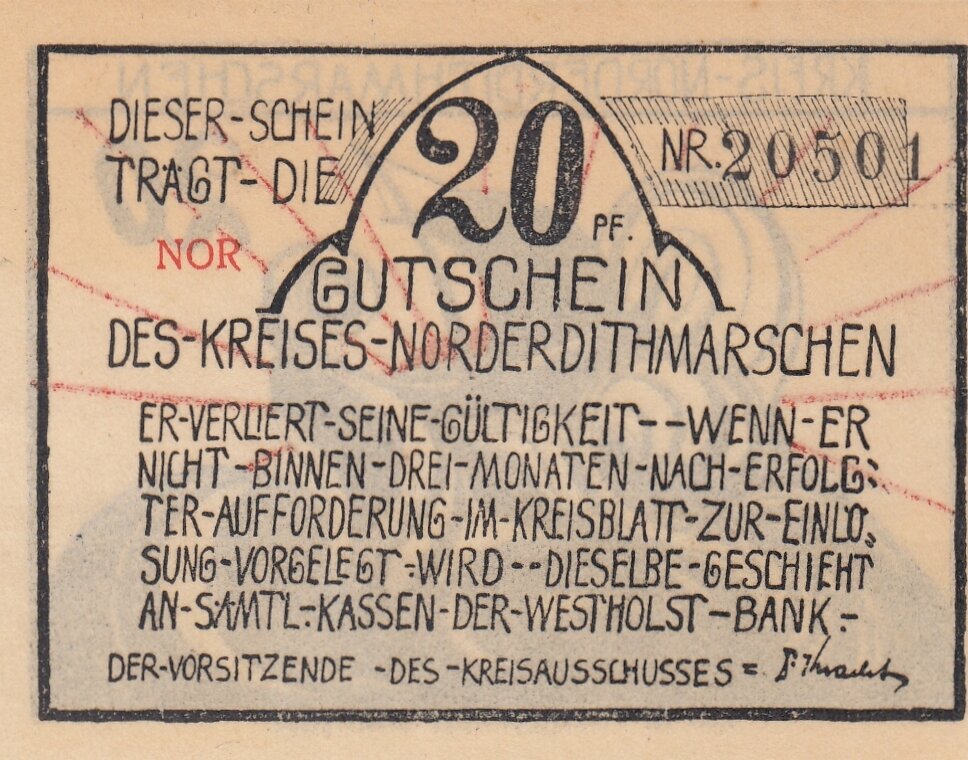 Германия (Веймарская Республика) Нордердитмаршен 20 пфеннигов 1921 г. (NOR)