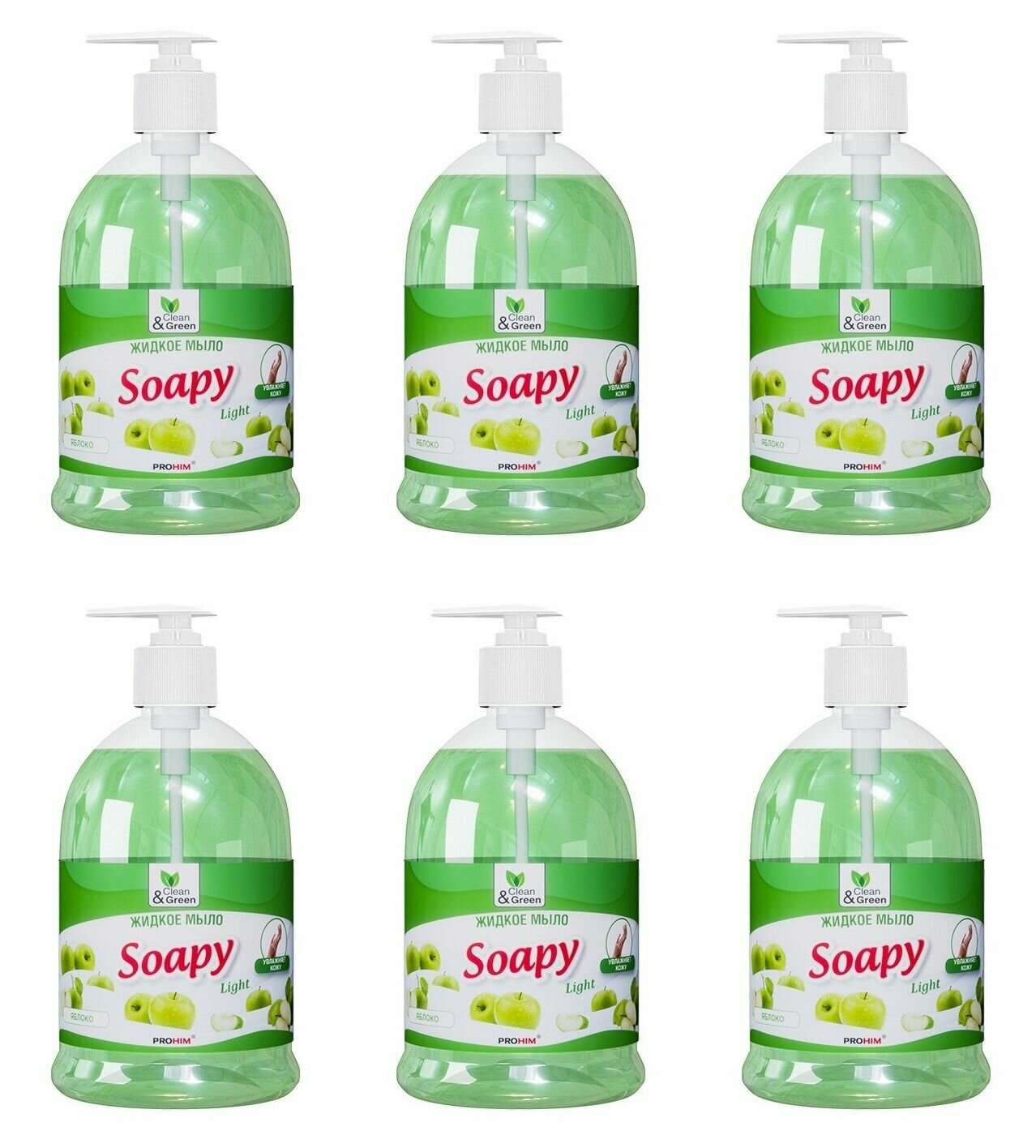 Clean&Green Мыло жидкое Soapy, яблоко, с дозатором, 500 мл, 6 шт.